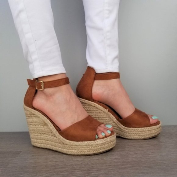 Shoes | Tan Suede Espadrille Wedge Heel Sandals | Poshmark